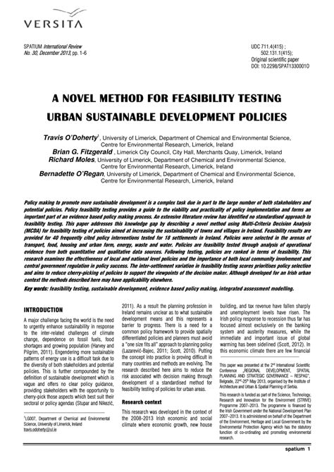 Pdf A Novel Method For Feasibility Testing Urban Sustainable