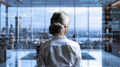 senior woman programmer engaged in lisp ai engineering stock