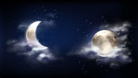 Volle Maan En Halve Maan In De Nachtelijke Hemel Met Wolken Gratis Vector