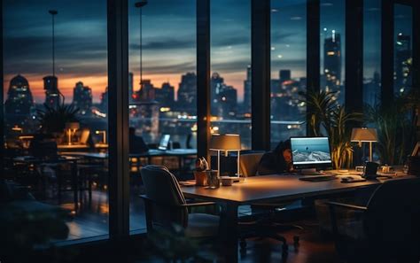 Premium Photo Indistinct Evening Office Workspace Setting Generative Ai