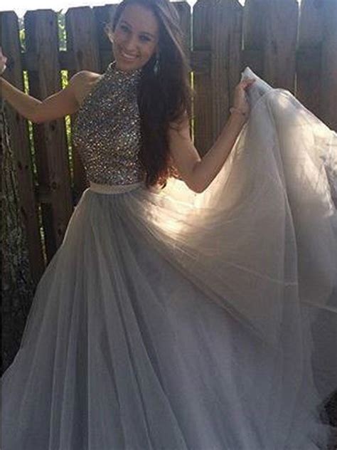 Long Custom High Neck Gray Sparkly Cocktail Evening Party Prom Dresses