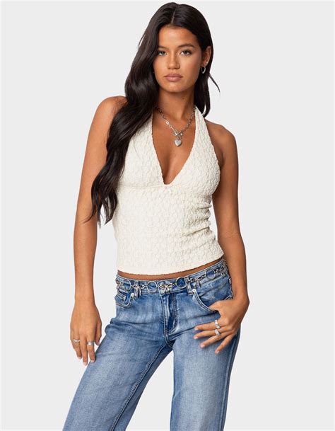 Edikted Willow Textured Halter Top Beige Tillys
