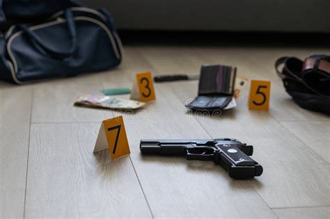 Crime Scene Investigation Numbering Of Evidences After The Murdering In Apartment Brass