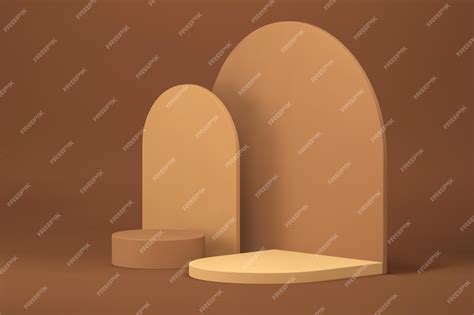 베이지색 파스텔 3d 연단 받침대는 화장품 쇼 프리젠테이션 실제 벡터 일러스트레이션을 위해 모형으로 제작되었습니다 쇼핑 프로모션을 위한 곡선 벽이 있는 갈색 중립 상업용