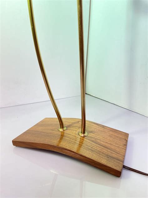 Mid Century Walnut And Brass Floor Lamp With Whipstitch Fiberglass Lamp