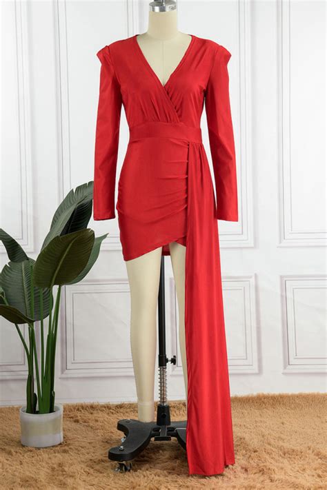 Wholesale Red Sexy Solid Patchwork V Neck Evening Dress Dresses K67194
