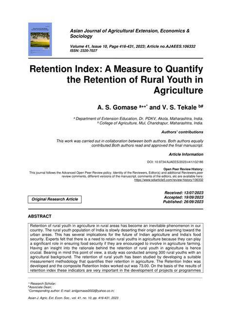 Pdf Retention Index A Measure To Quantify The Retention Of Rural
