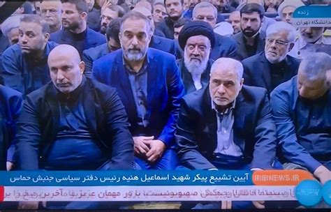 عکسی از لاریجانی، عارف و مخبر در مراسم تشییع پیکر شهید هنیه سردار عزیز