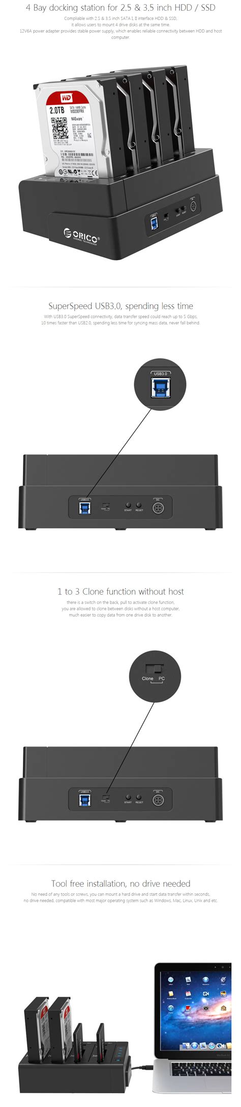 Buy Orico 4 Bay Usb 3 0 Sata Hard Drive Dock [orico 6648us3 C Bk] Pc Case Gear Australia