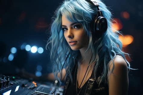 Premium Ai Image A Girl With Blue Hair Is Listening To Music With