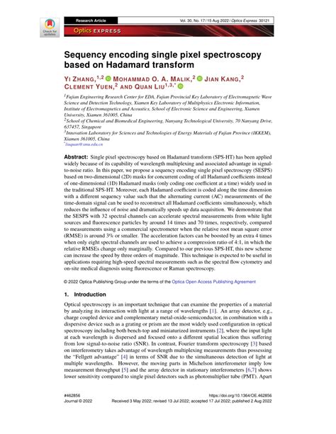 Pdf Sequency Encoding Single Pixel Spectroscopy Based On Hadamard