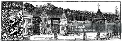 빅토리아 흑백 장식 페이지 제목 조각 묘사 당당한 영국 국가 집 및 안뜰 19 세기 영어 국가 주택과 건축 영어 그림 1892 맨션에 대한 스톡 벡터 아트 및 기타 이미지