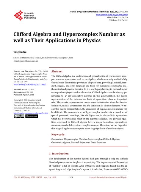Pdf Clifford Algebra And Hypercomplex Number As Well As Their