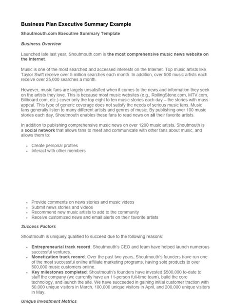 Business Plan Executive Summary Example 1 Pdf Sales Marketing