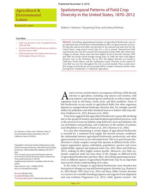 Pdf Spatiotemporal Patterns Of Field Crop Diversity In The United States 1870 2012