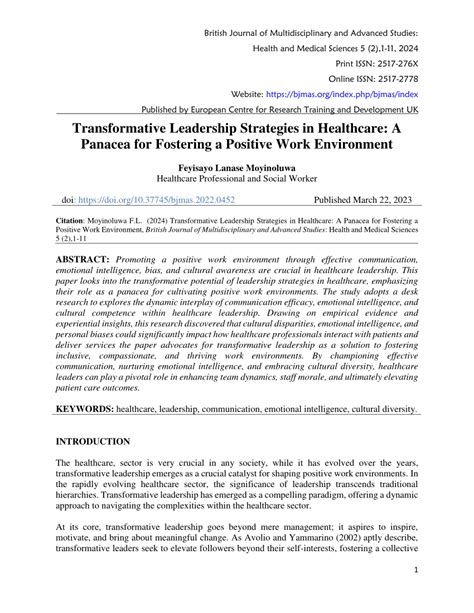 Pdf Transformative Leadership Strategies In Healthcare A Panacea For Fostering A Positive