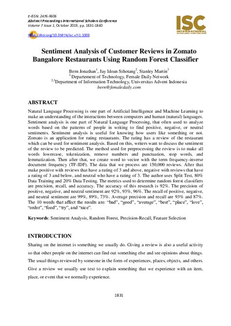 Pdf Sentiment Analysis Of Customer Reviews In Zomato Bangalore Restaurants Using Random Forest