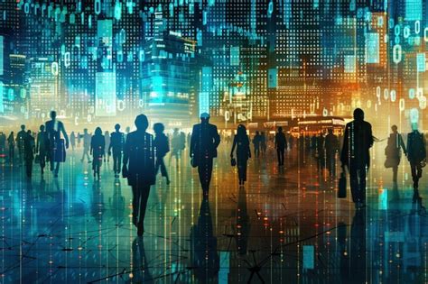 Premium Photo Abstract Concept Of A Bustling Cyber Cityscape With Data And Silhouettes Of
