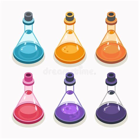 Six Colorful Laboratory Flasks Containing Different Liquids Illustrated