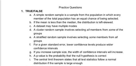 Solved Practice Questions TRUE FALSE A A Simple Random Chegg
