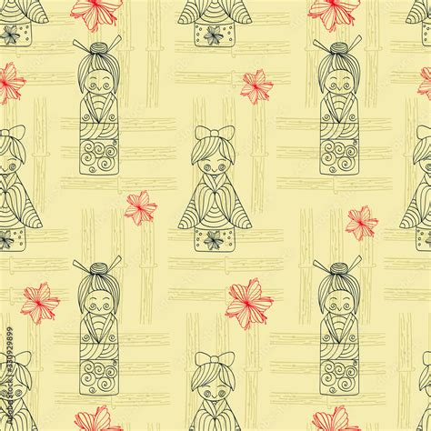 The Japanese Seamless Pattern Tile With Kokeshi Doll In Blue Red On A