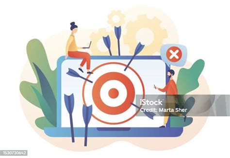 창업 실패 목표물을 맞추지 않고 노트북 화면 주위의 화살표는 온라인 비즈니스 실패를 은유합니다 실패한 사업가 현대 평면 만화