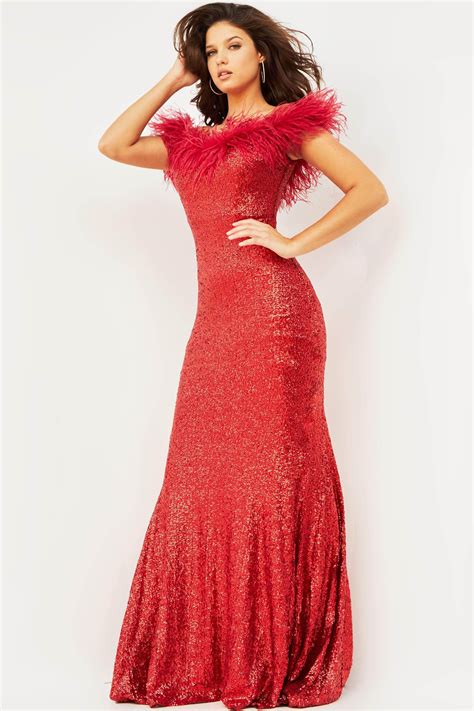 Jovani 06166 Feather Off Shoulder Neckline Full Sequin Gown Couture