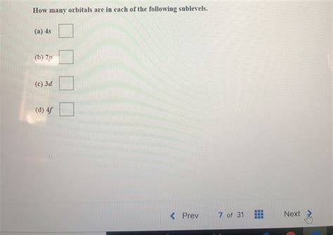 Solved How Many Orbitals Are In Each Of The Following Chegg Com