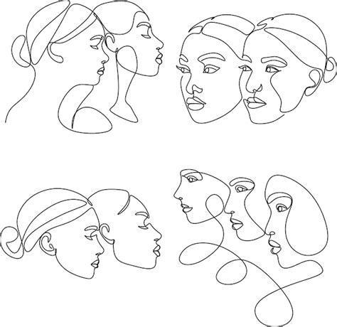 Dessin Au Trait Continu Des Visages Et De La Coiffure Vecteur Premium