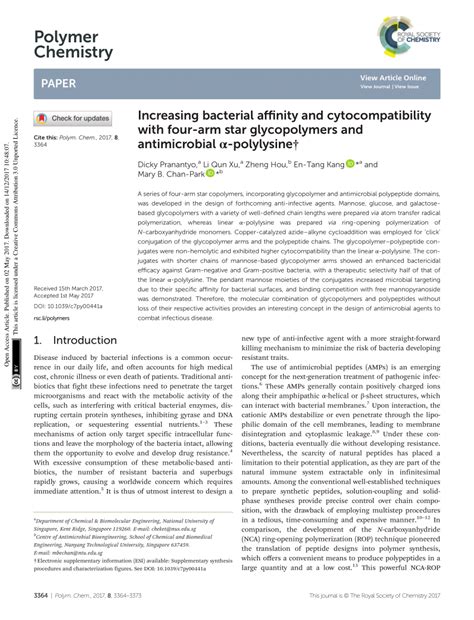 Pdf Increasing Bacterial Affinity And Cytocompatibility With Four Arm Star Glycopolymers And