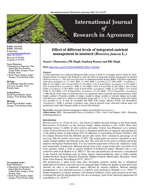 Effect of Different Levels of Integrated Nutrient Management in Mustard (Brassica Juncea L ...