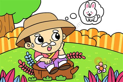 守株待兔寓言故事简笔画情景 守株待兔故事：宋国有个农夫，一天，在地里干活时，看见一只兔子飞奔过来，撞在树桩上，折断脖子死了。从此他每天到