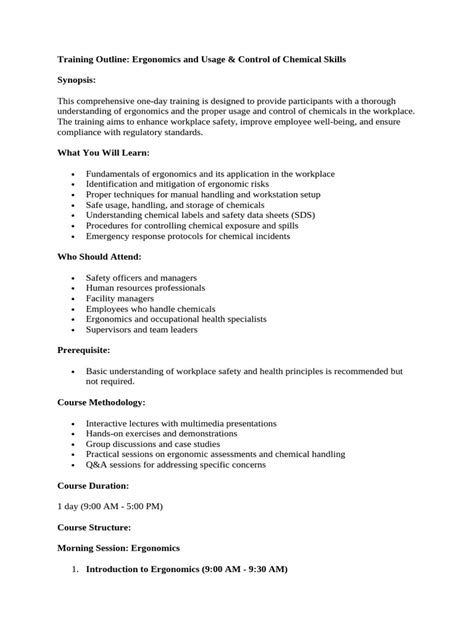 Training Outline Ergonomics And Usage And Control Of Chemical Skills Pdf