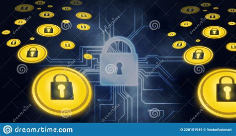 Composition Of Floating Yellow Padlock Icons Over Glowing White Padlock
