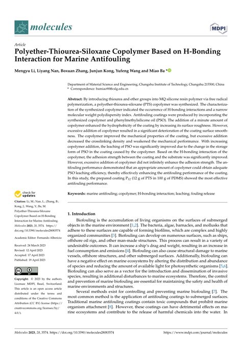 Pdf Polyether Thiourea Siloxane Copolymer Based On H Bonding Interaction For Marine Antifouling