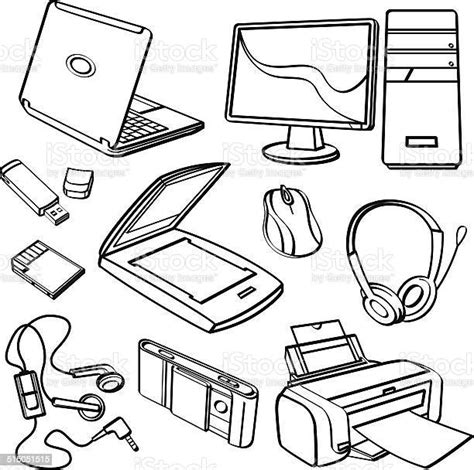 사무실 장비 컬레션 컴퓨터 프린터에 대한 스톡 벡터 아트 및 기타 이미지 컴퓨터 프린터 낙서 드로잉 스케치 Istock