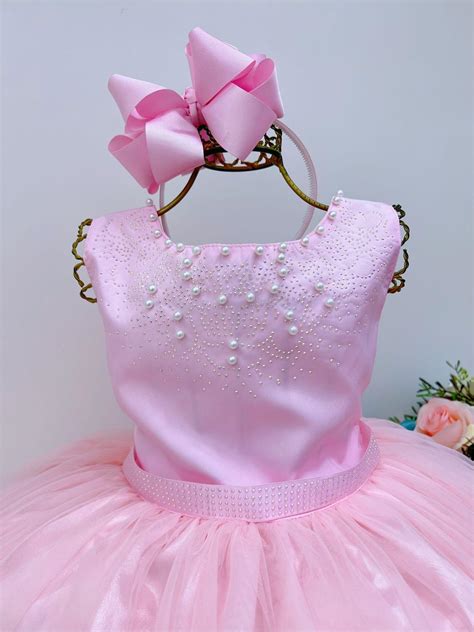 Vestido Infantil Damas de Honra Longo Rosa Pérolas Luxo Rosa Charmosa