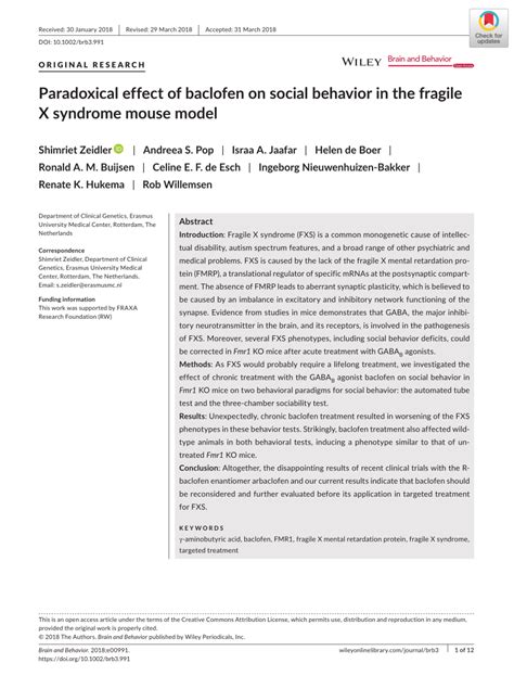 Pdf Paradoxical Effect Of Baclofen On Social Behavior In The Fragile