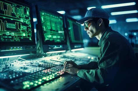 Premium Ai Image Engineer Monitoring Critical Information At A Cuttingedge Robotic Line For