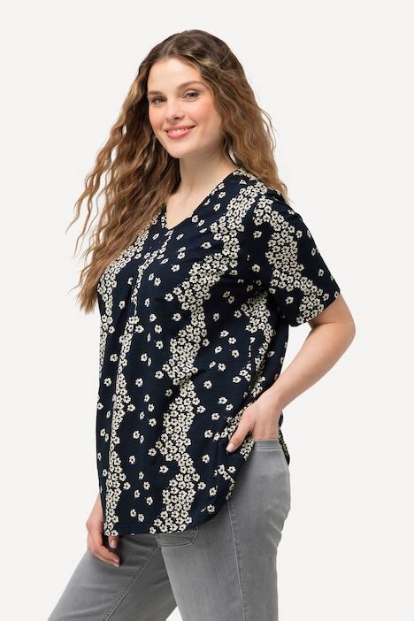 Floral Print Short Sleeve V Neck Tee Marine Ulla Popken