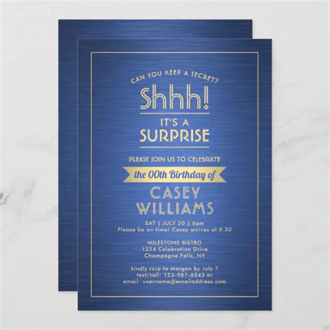 Birthday Surprise Party Shhh Brushed Blue And Gold Invitation Zazzle