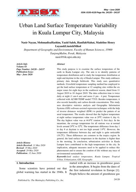 Pdf Urban Land Surface Temperature Variability In Kuala Lumpur City Malaysia