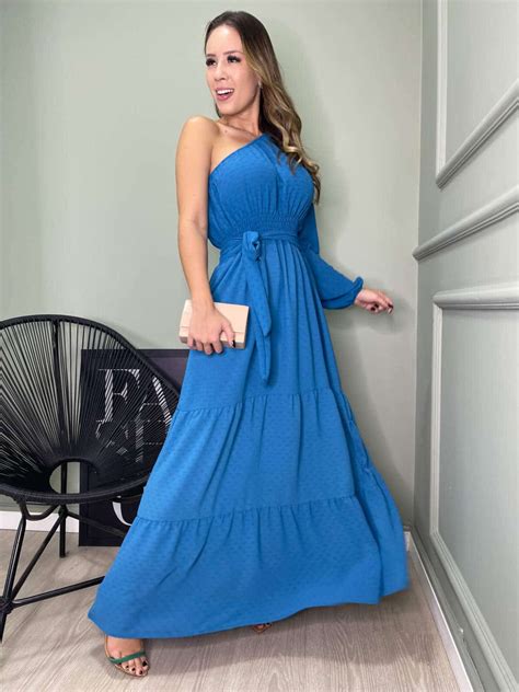 Vestido Midi Manga Longa Nula Manca Babados Azul Turquesa Lavinny Store