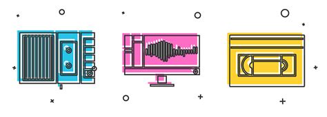 모니터및 Vhs 비디오 카세트 테이프 아이콘에 음악 테이프 플레이어 사운드 또는 오디오 레코더를 설정합니다 벡터 영화에 대한
