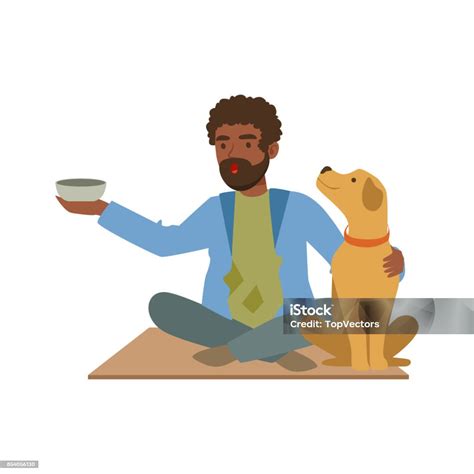 젊은 흑인 노숙자 남자 문자 돈 실업 남성 거 지 필요 도움말 벡터 일러스트 레이 션에 대 한 그의 개 및 컵 거리에 앉아 개에 대한 스톡 벡터 아트 및 기타 이미지