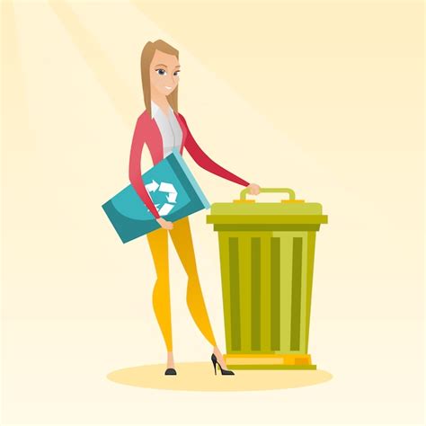 Mujer Con Papelera De Reciclaje Y Papelera Vector Premium