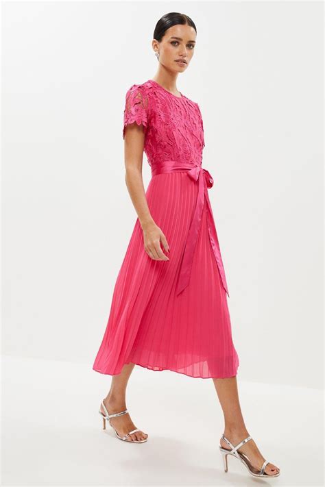 Petite Belted Lace Bodice Pleat Skirt Midi Dress Coast Pink Pleated