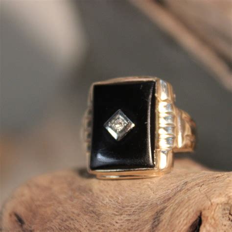 1930s Vintage Mens Diamond Ring Diamond Onyx Ring 10k Solid Gold Mens