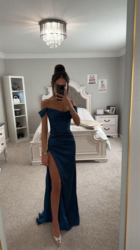 French Navy Satin Off Shoulder Maxi Dress Ddmine