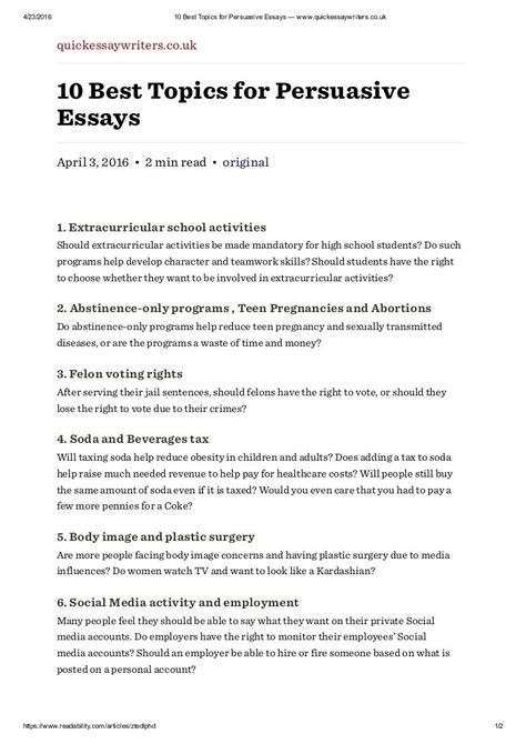 10 Best Topics For Persuasive Essays —uk